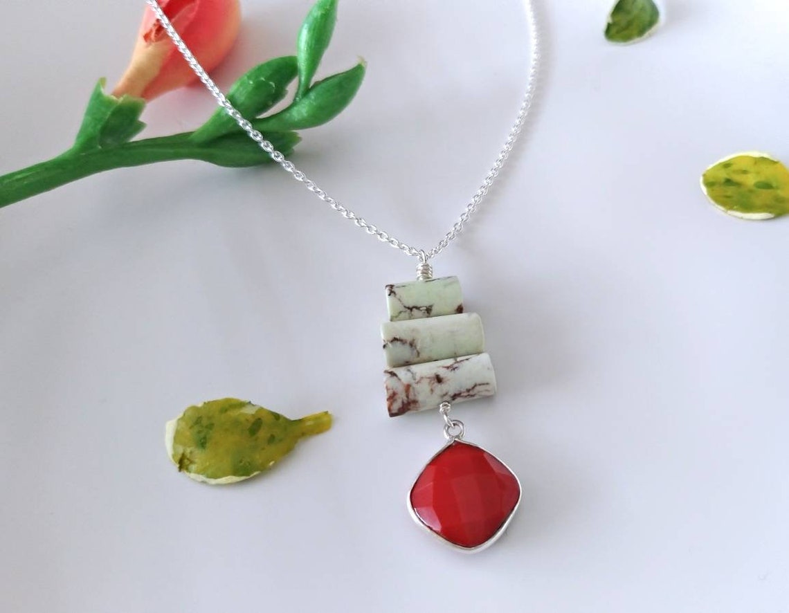 Red Coral and Chrysoprase Chain Necklace, Sterling Silver Necklace ...