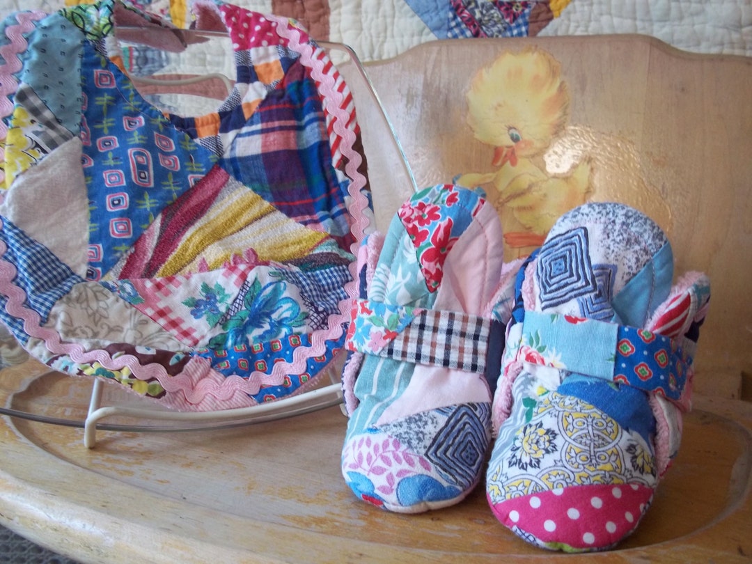 Vintage Patchwork Quilt Baby Booties & Bib Set: Handmade 9-12 Months - Etsy