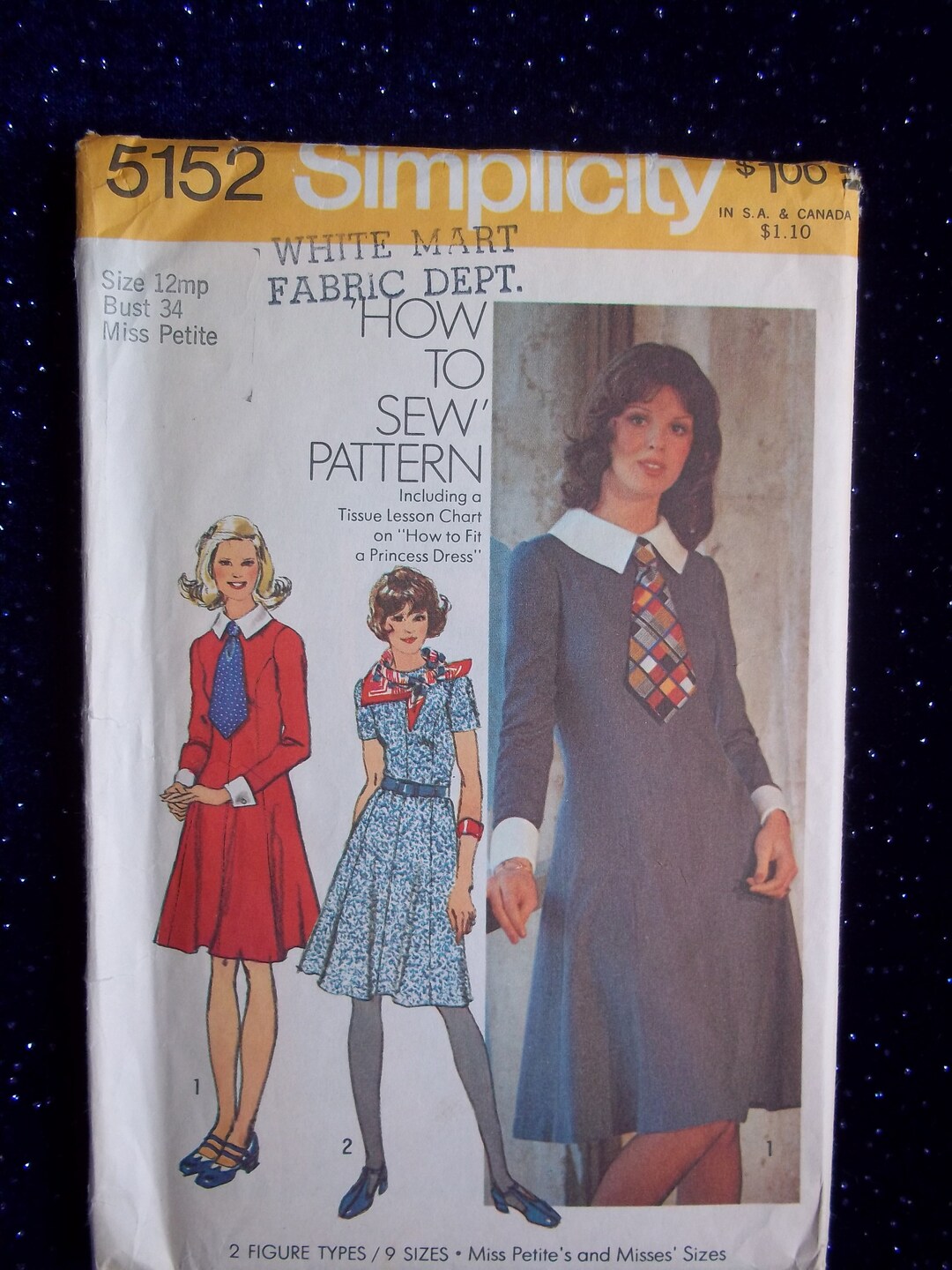 Retro 70's Midi Dress Sewing Pattern Collar & Cuffs, Necktie Flared ...