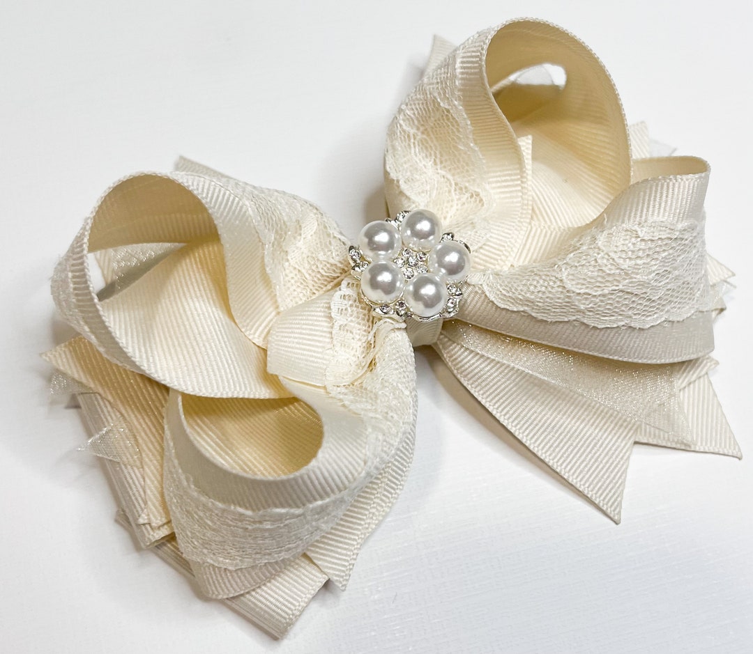 Gold Hair Bow, Ivory Hair Bow, Cream Hair Bow, Champagne Hair Bow, Lace ...