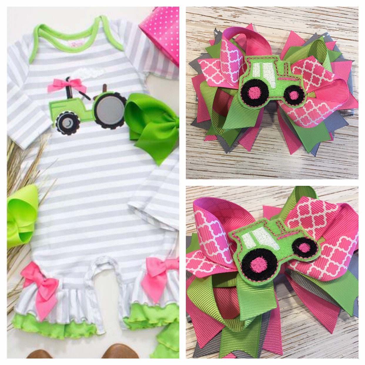 Made to Match Ricrac and Ruffles Big Green Tractor Hair Bow - Etsy