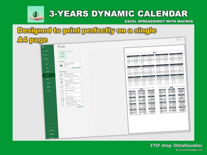 3-years Dynamic Digital Excel Calendar | Printable & Exports to PDF ...