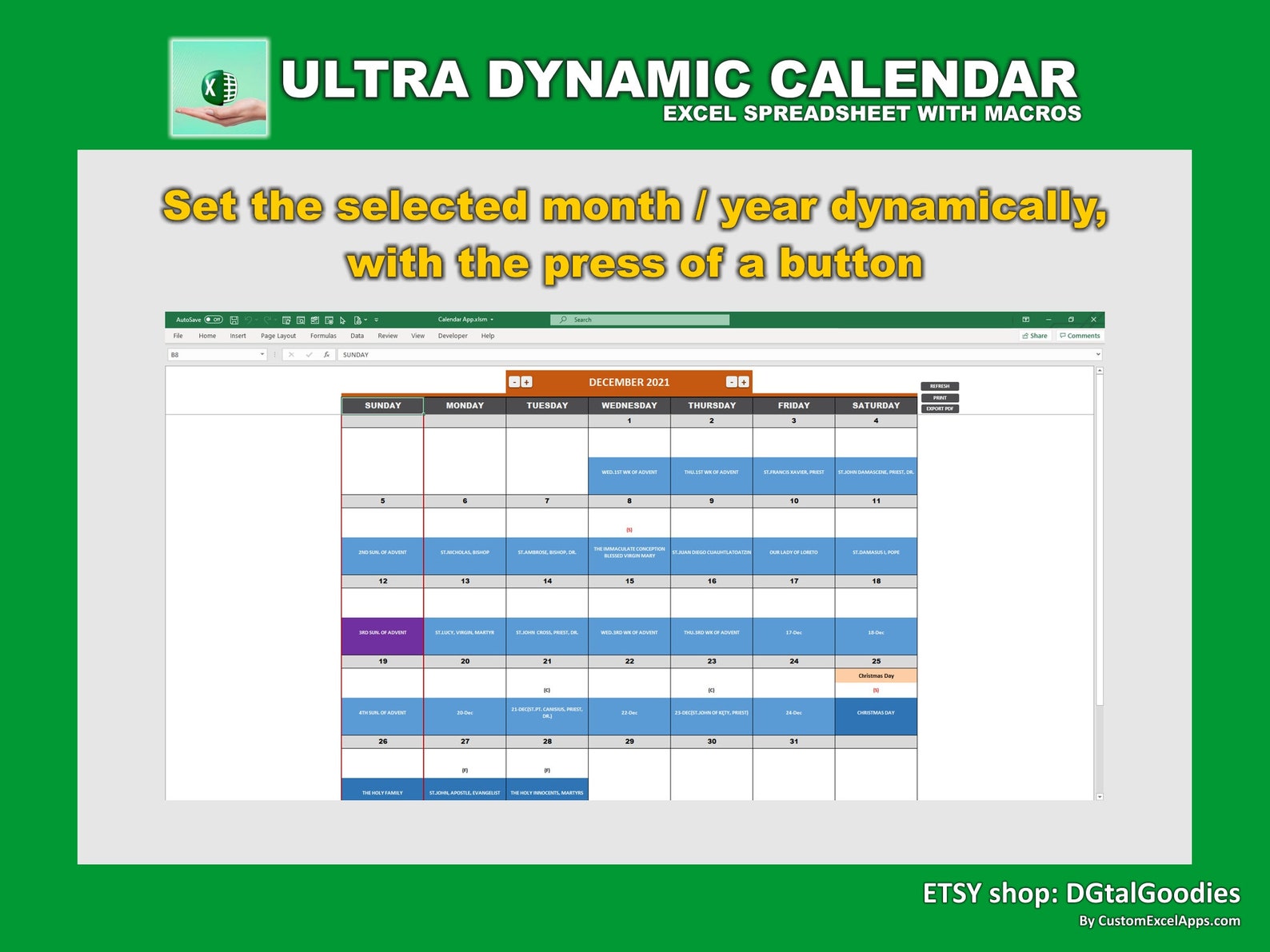 Dynamic Calendar in Excel | Powerful & User-friendly | Works for Any Year | Excel Spreadsheet ...