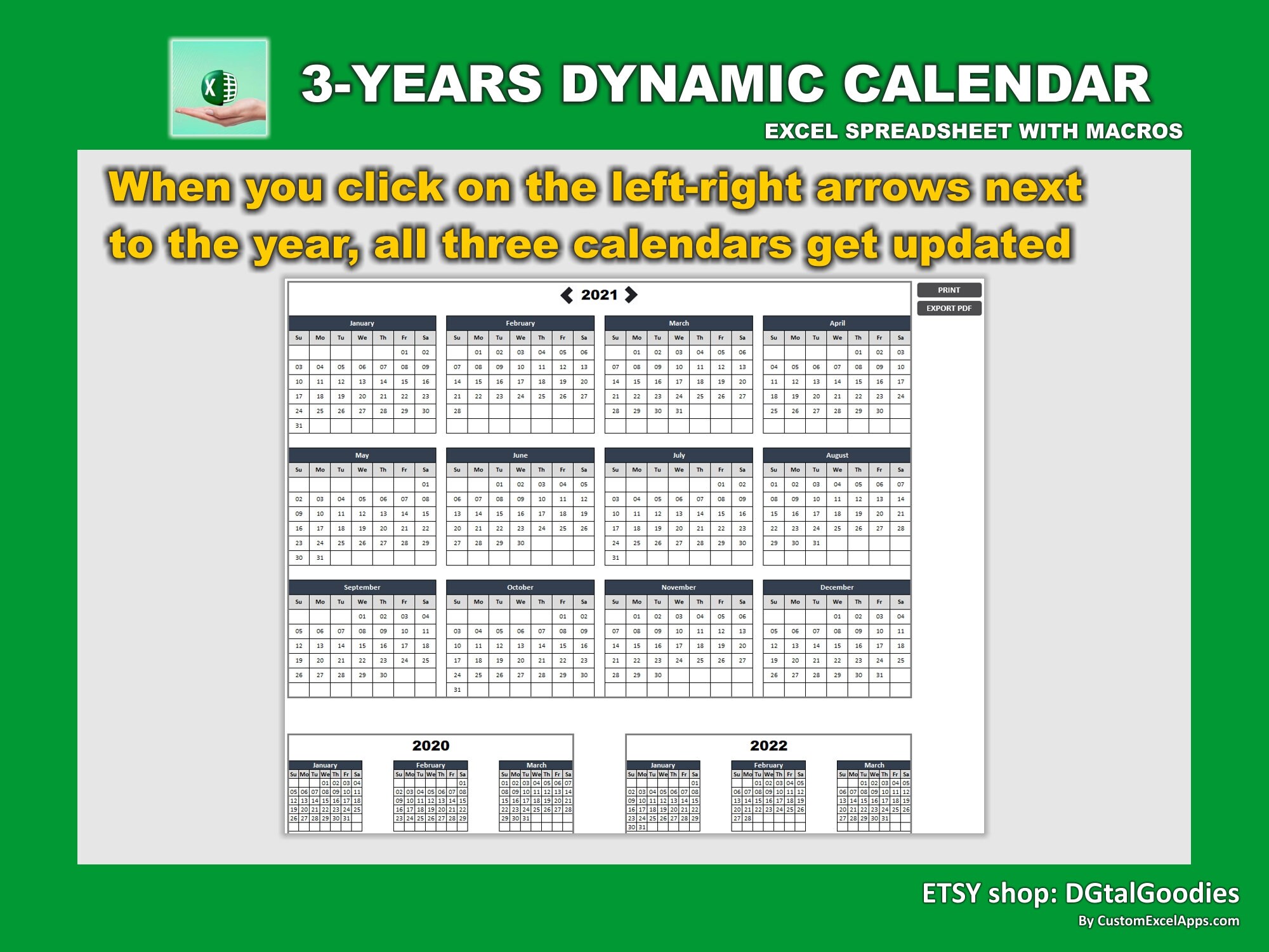 3-years Dynamic Digital Excel Calendar Printable & Exports to PDF ...