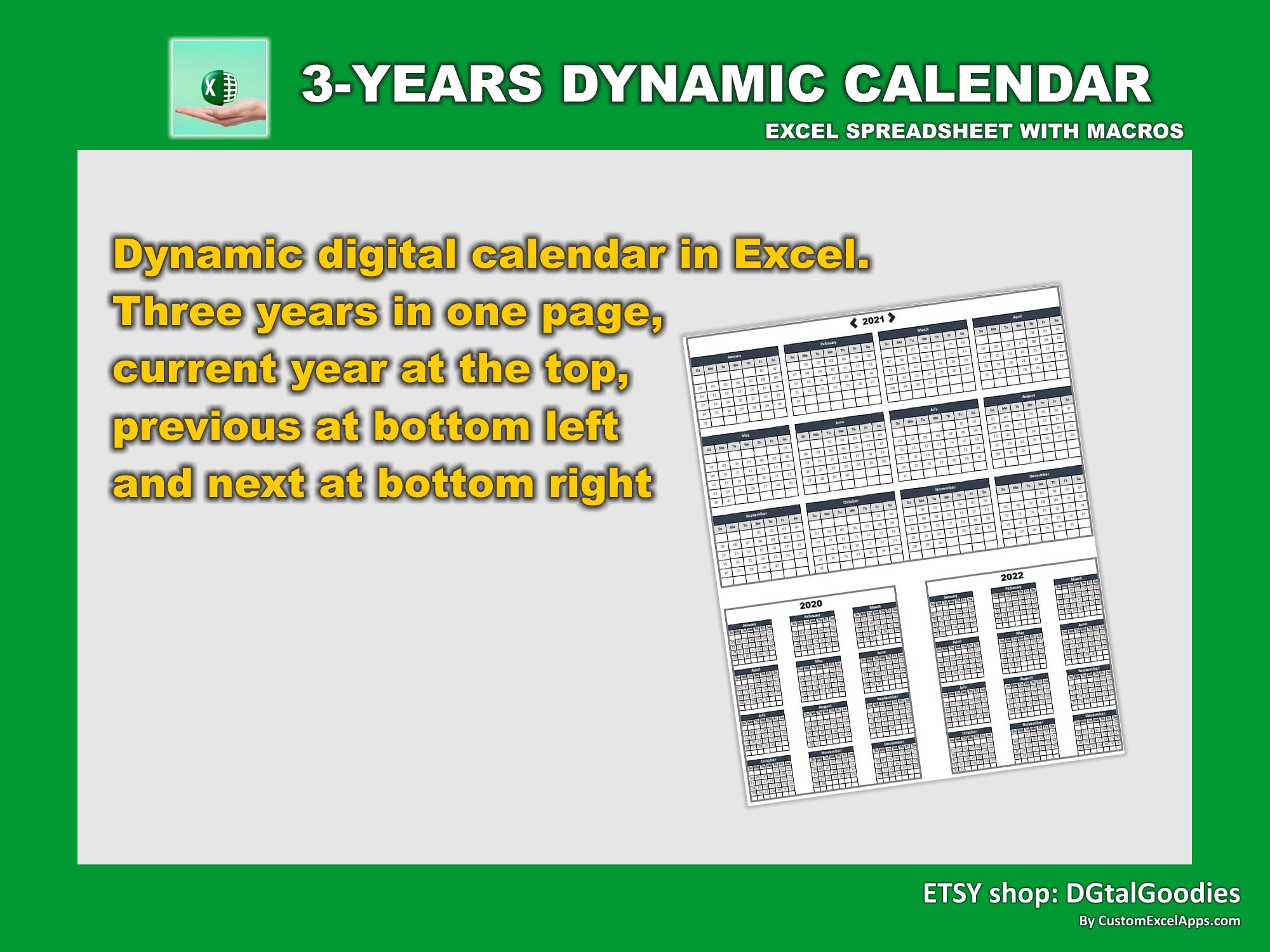 3-years Dynamic Digital Excel Calendar | Printable & Exports to PDF ...