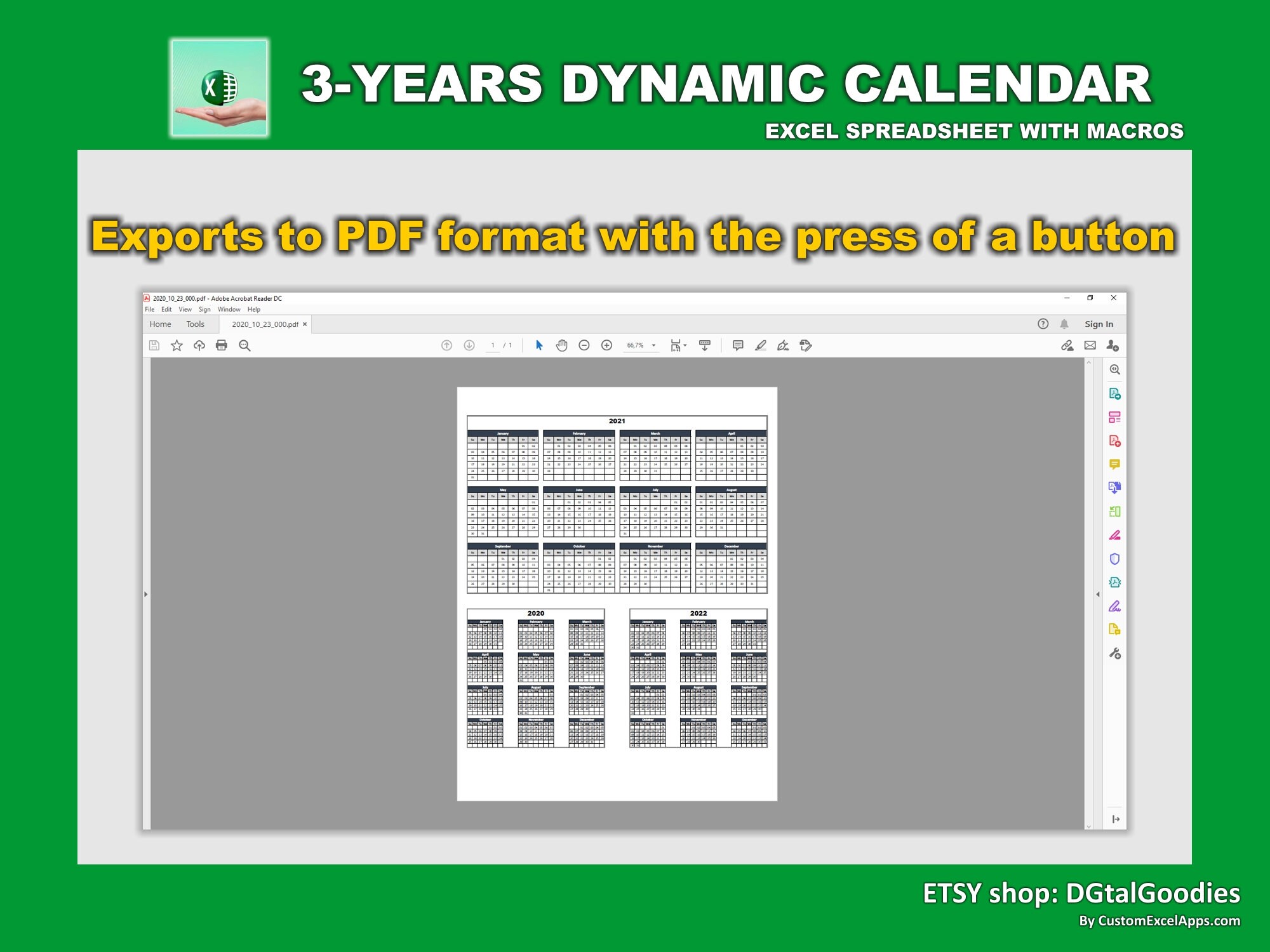 3-years Dynamic Digital Excel Calendar | Printable & Exports to PDF ...