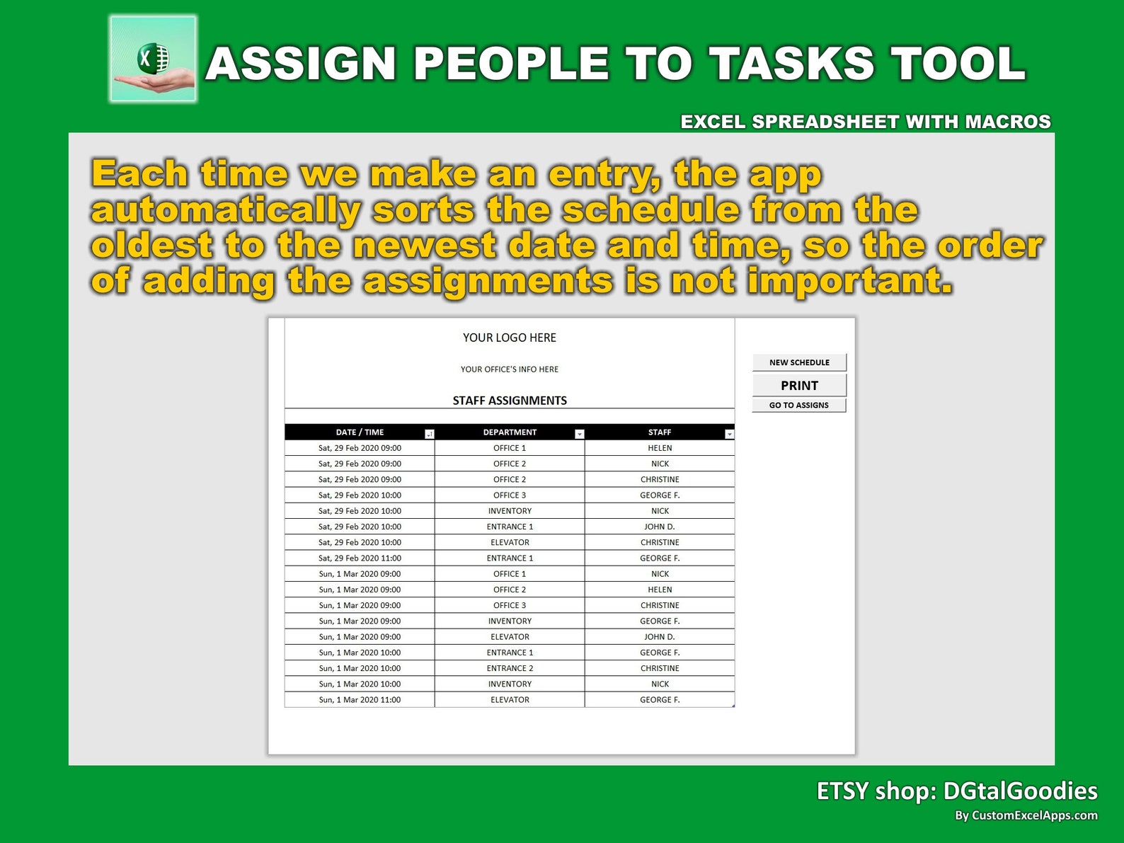 Assigning Staff to Tasks / Departments Excel Template | Task Scheduler ...