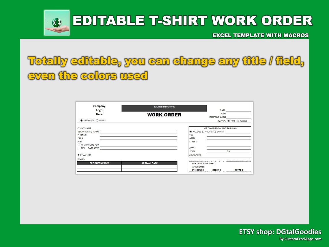 Professional Fillable/editable/printable Custom T-shirt Work Order ...
