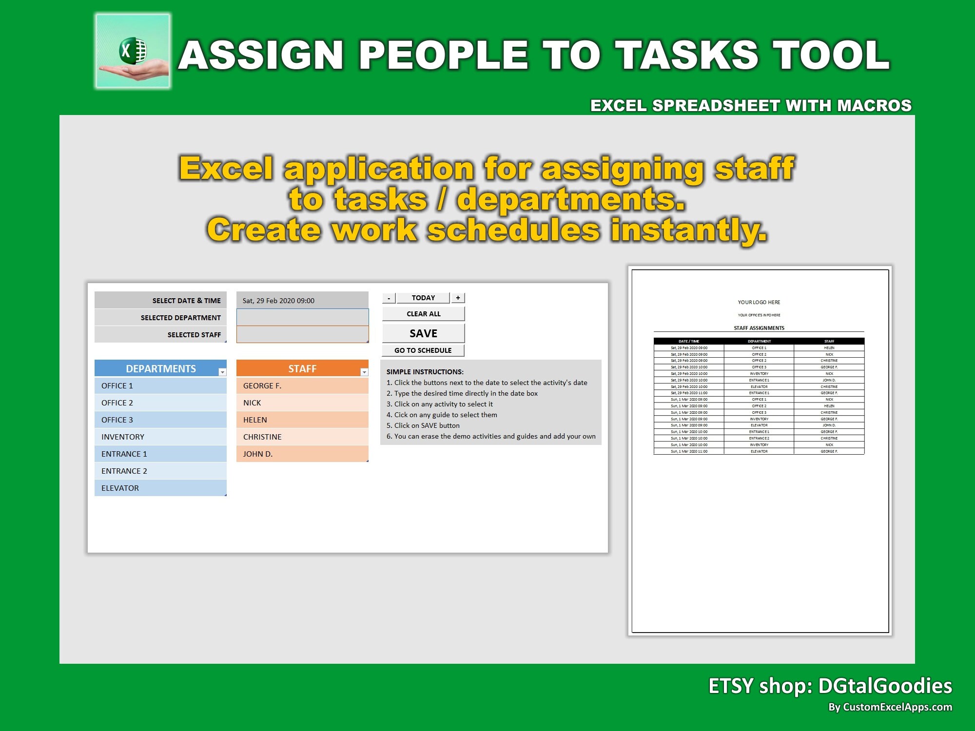 Assigning Staff to Tasks / Departments Excel Template | Task Scheduler ...