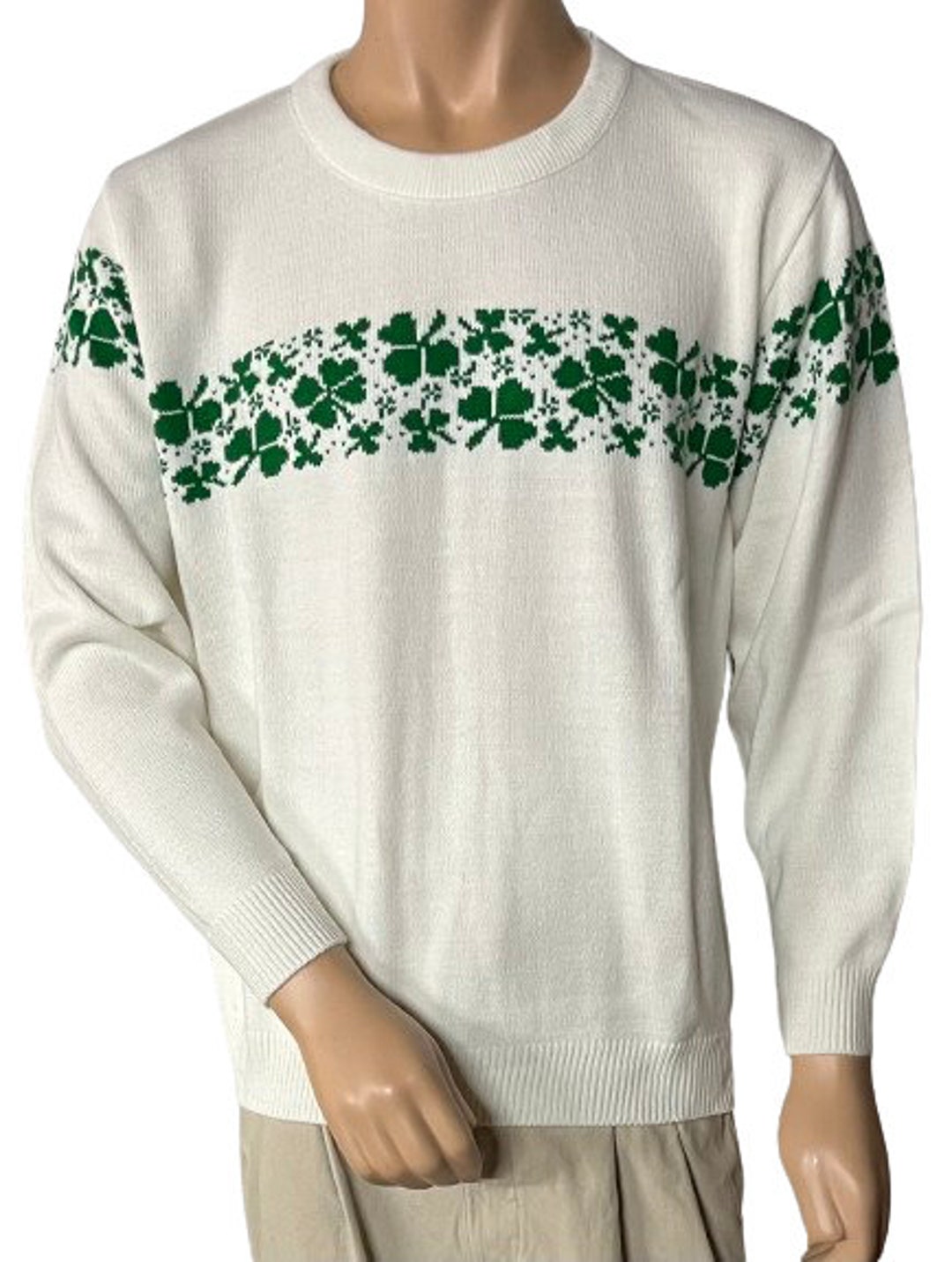 Irish Unisex White With Kelly Green Shamrock Clover Sweater Made in U.S ...