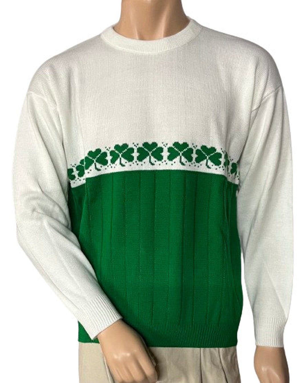 Irish Unisex White and Kelly Green Shamrock Sweater Made in U.S.A ...