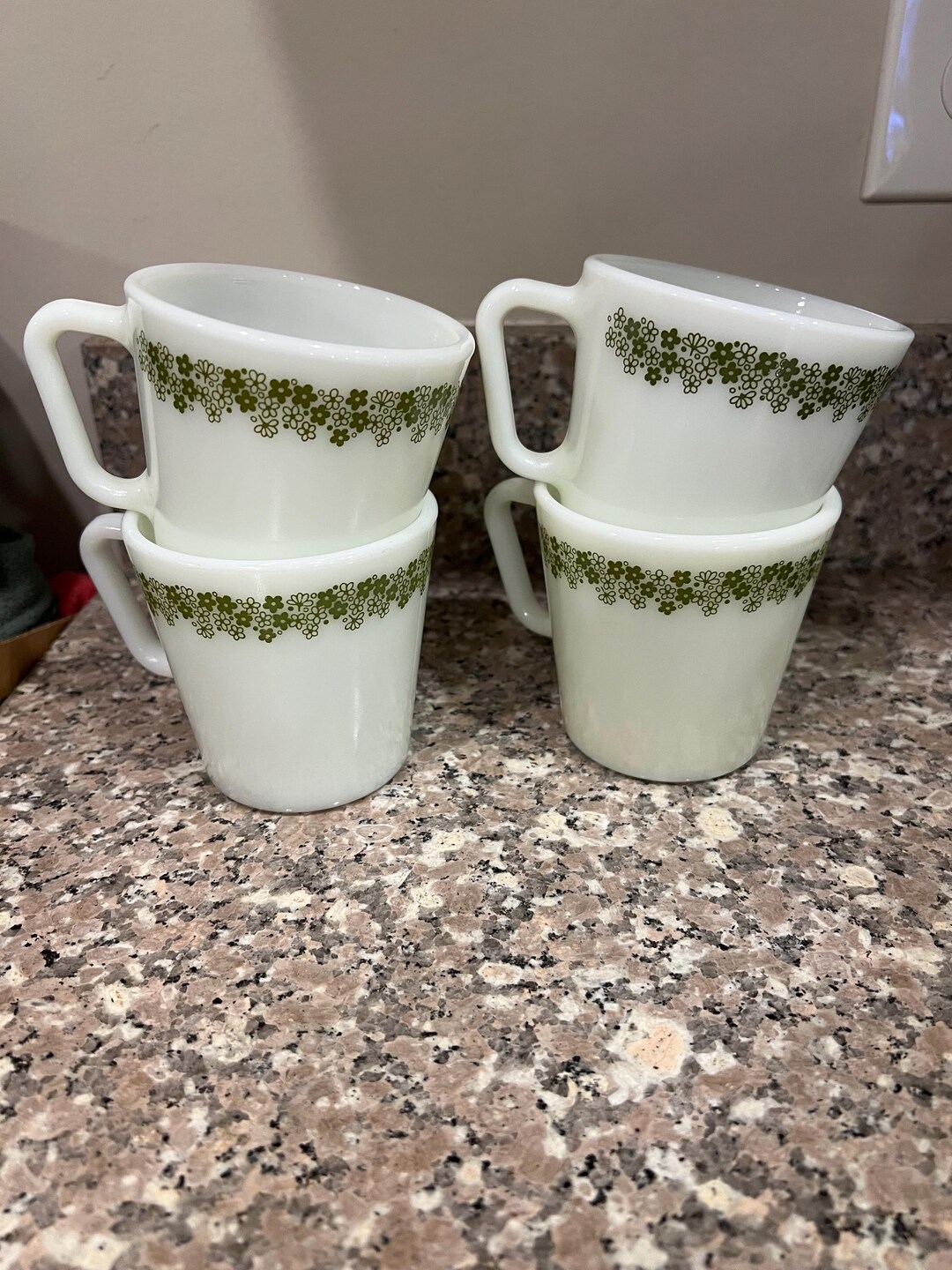 Vintage Set of 4 Milk Glass Pyrex Coffee Cups Green Spring Blossom - Etsy