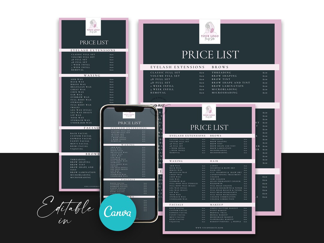 Editable Beauty Salon Price List Template, Editable Services Menu ...