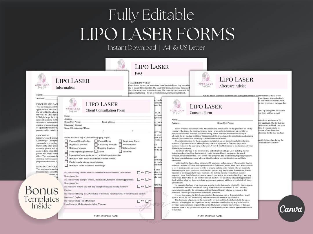 Lipo Laser Client Intake and Consent Form Templates, Editable Body ...