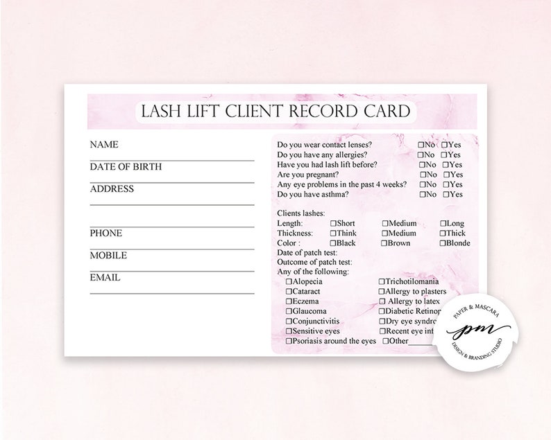 Lash Lift Client Record Card Editable Eyelash Technician | Etsy