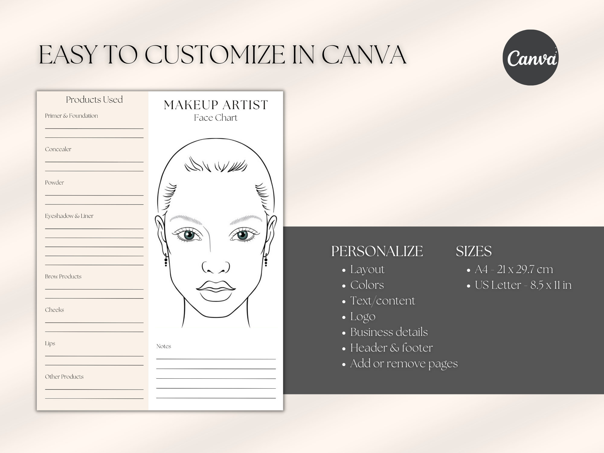 Editable Makeup Artist Face Chart Template, Freelance Makeup Artist ...