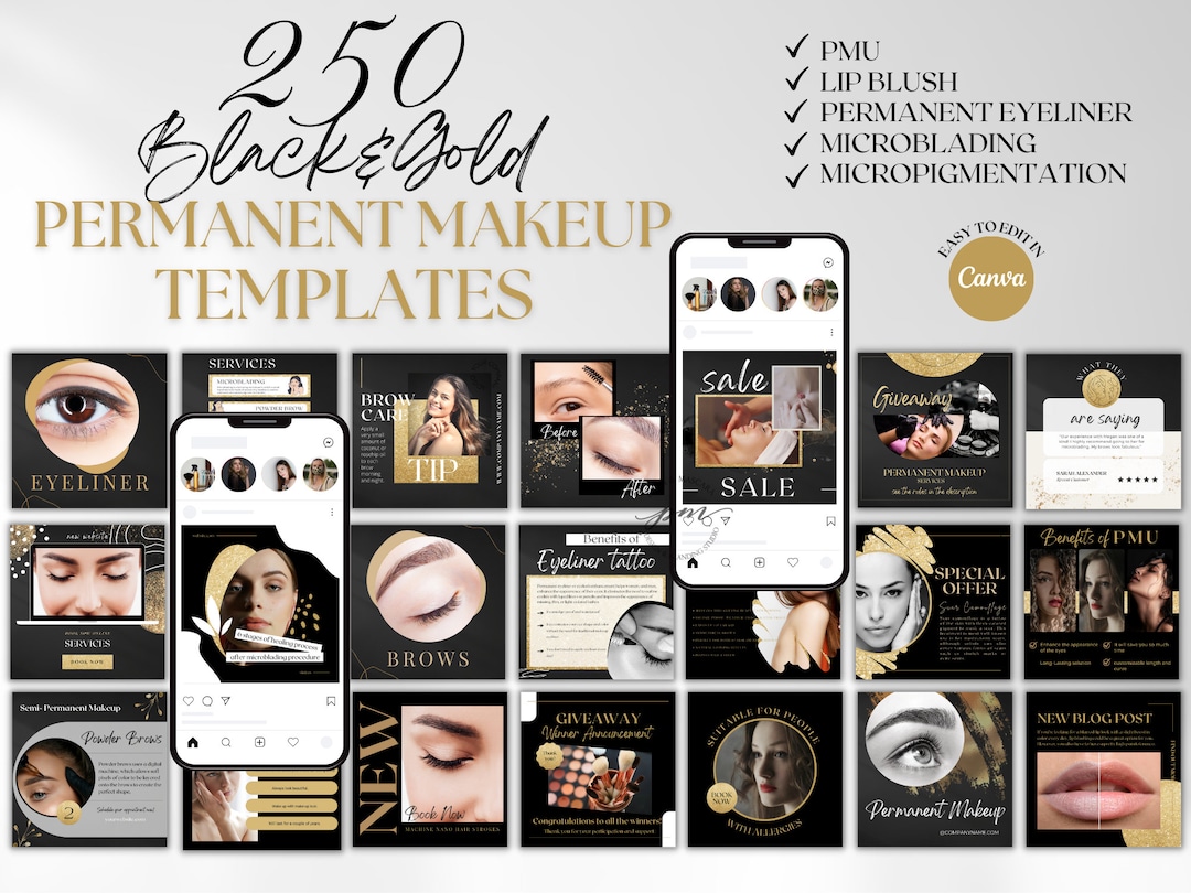 250 Permanent Makeup Instagram Post Templates, Editable PMU Posts ...