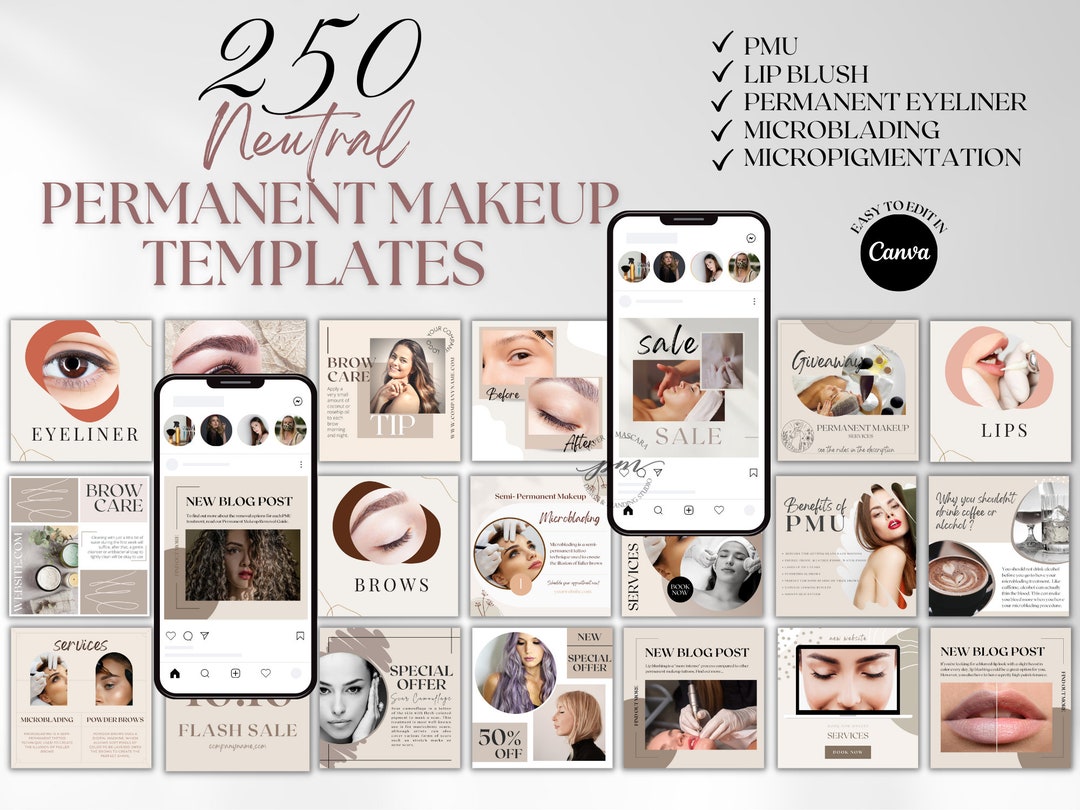 Neutral Permanent Makeup Instagram Templates | 250 PMU Instagram Posts ...