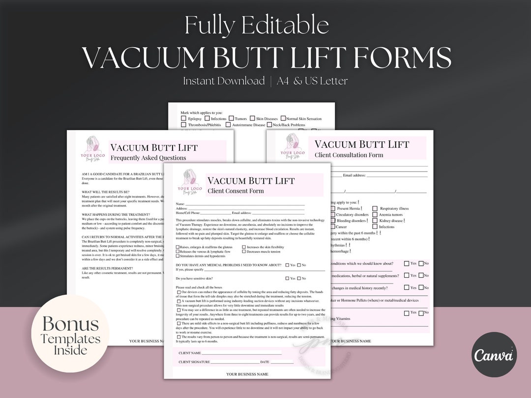Vacuum Butt Lift Intake and Consent Form Templates, Editable Body ...