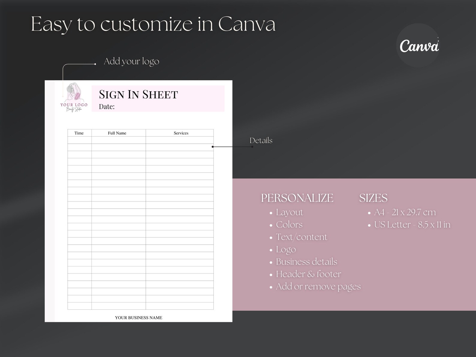Salon Client Sign-in Sheet Template, Editable Spa and Office Client ...