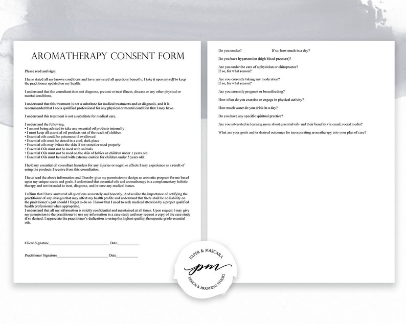 Aromatherapy Consent Form Aromatherapy Client Consultation | Etsy