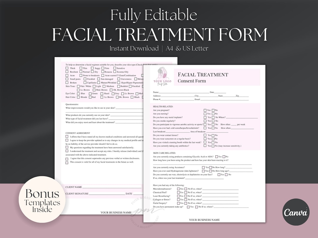 Facial Treatment Consent Form Template, Esthetician Client Forms ...