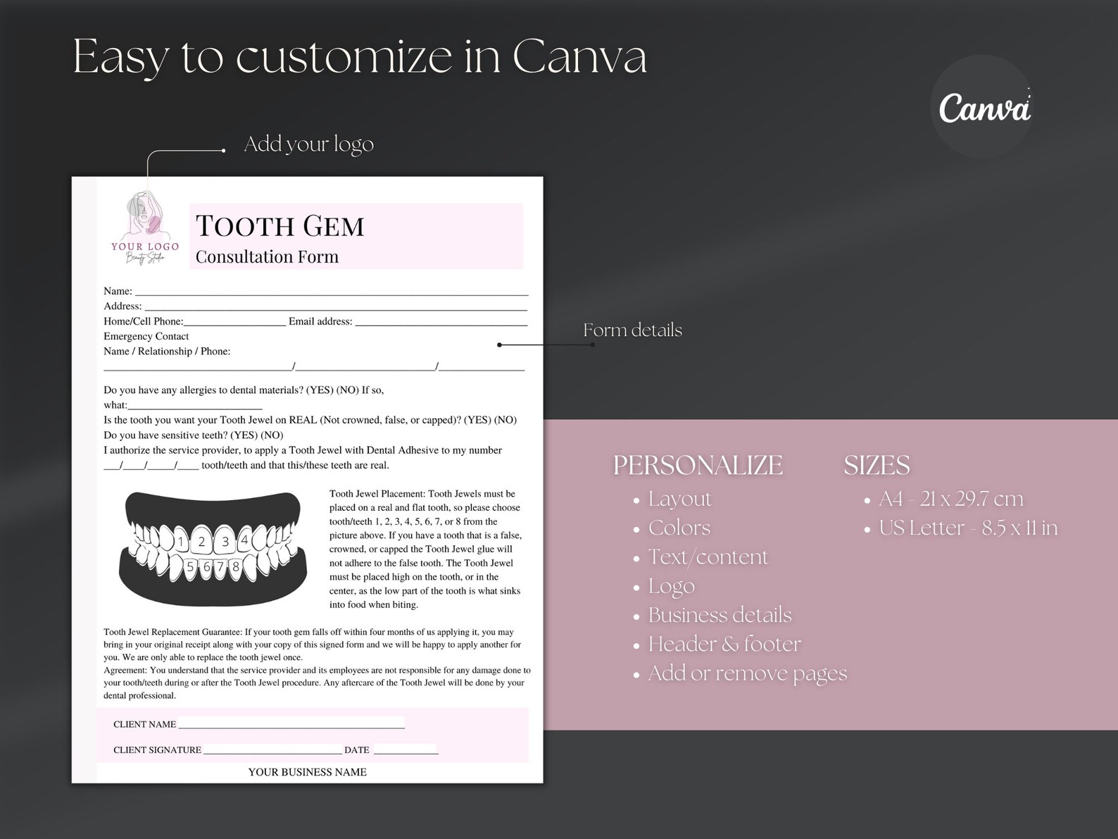 Editable Tooth Gem Consent Form, Tooth Gem Waiver and Intake Form ...