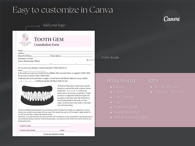 Editable Tooth Gem Consent Form, Tooth Gem Waiver and Intake Form ...