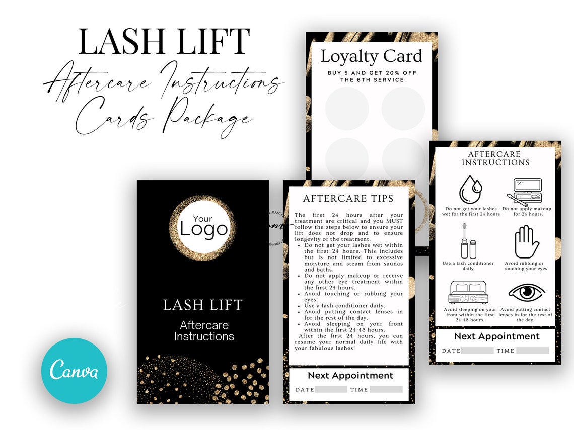 Lash Lift Aftercare Cards Black and Gold Editable Lash Lift - Etsy