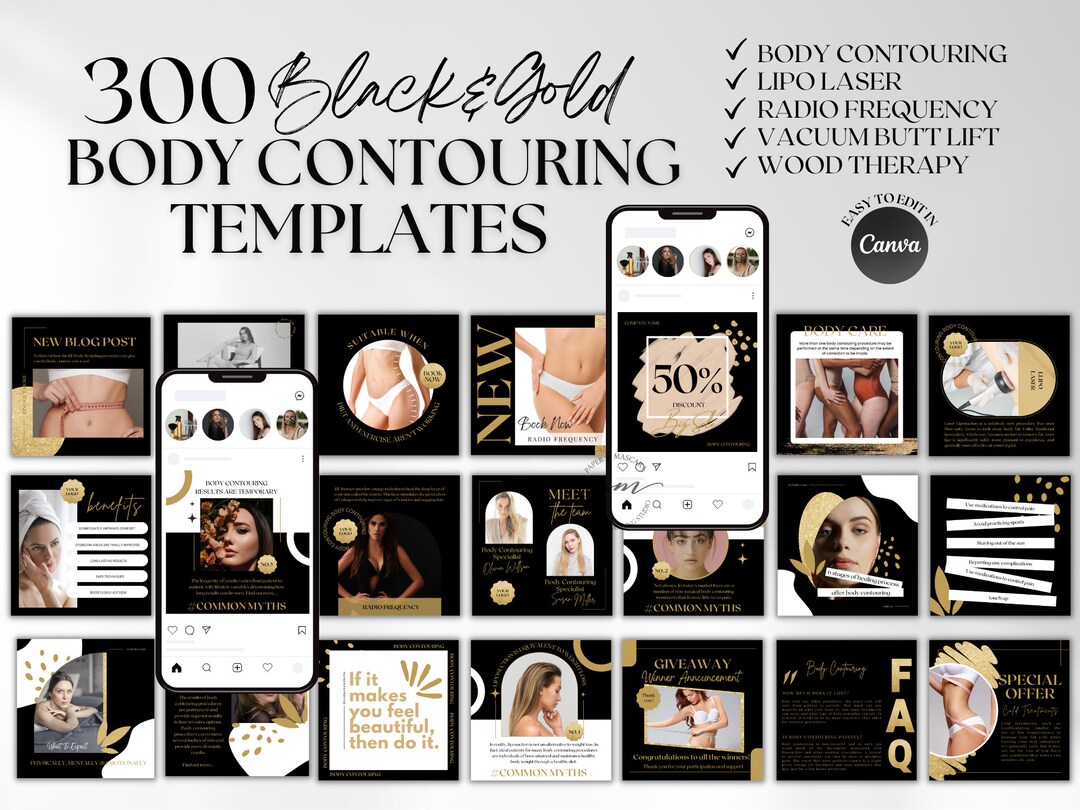 Body Contouring Instagram Templates | 300 Black and Gold Instagram POST ...