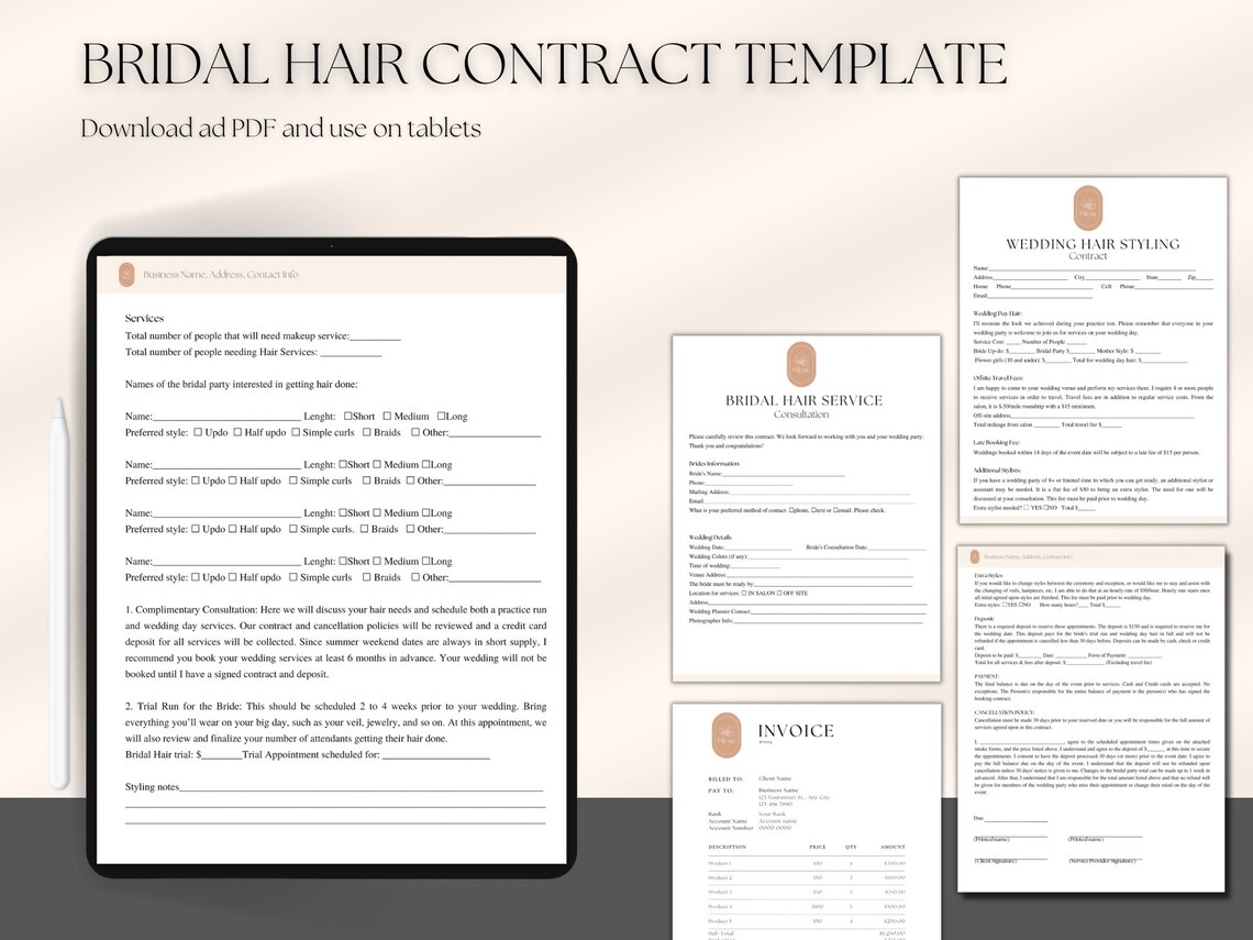 Bridal Hair Services Contact Template, Editable Hair Stylist Agreement ...