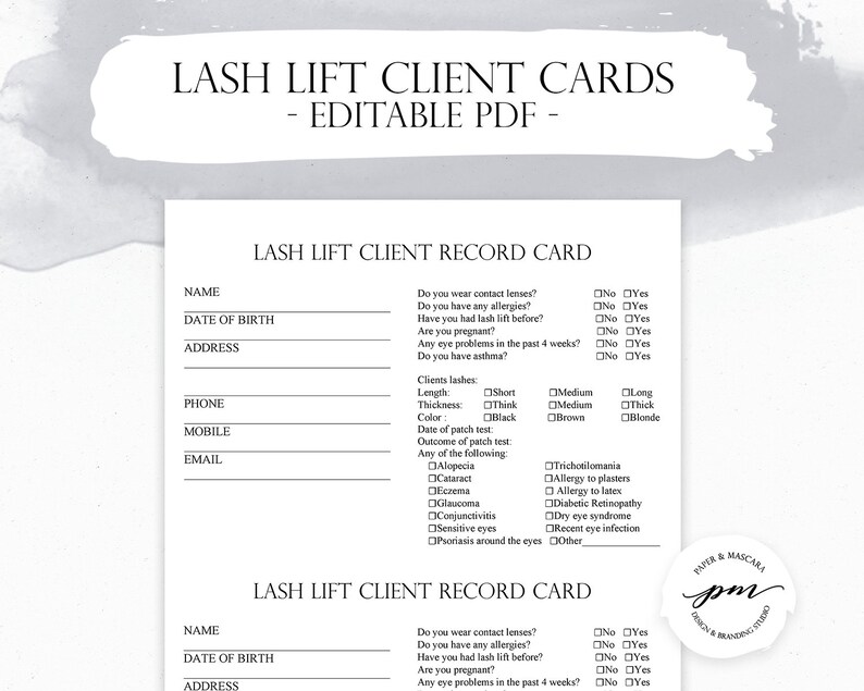 Editable Lash Lift Client Record Card Printable Eyelash | Etsy