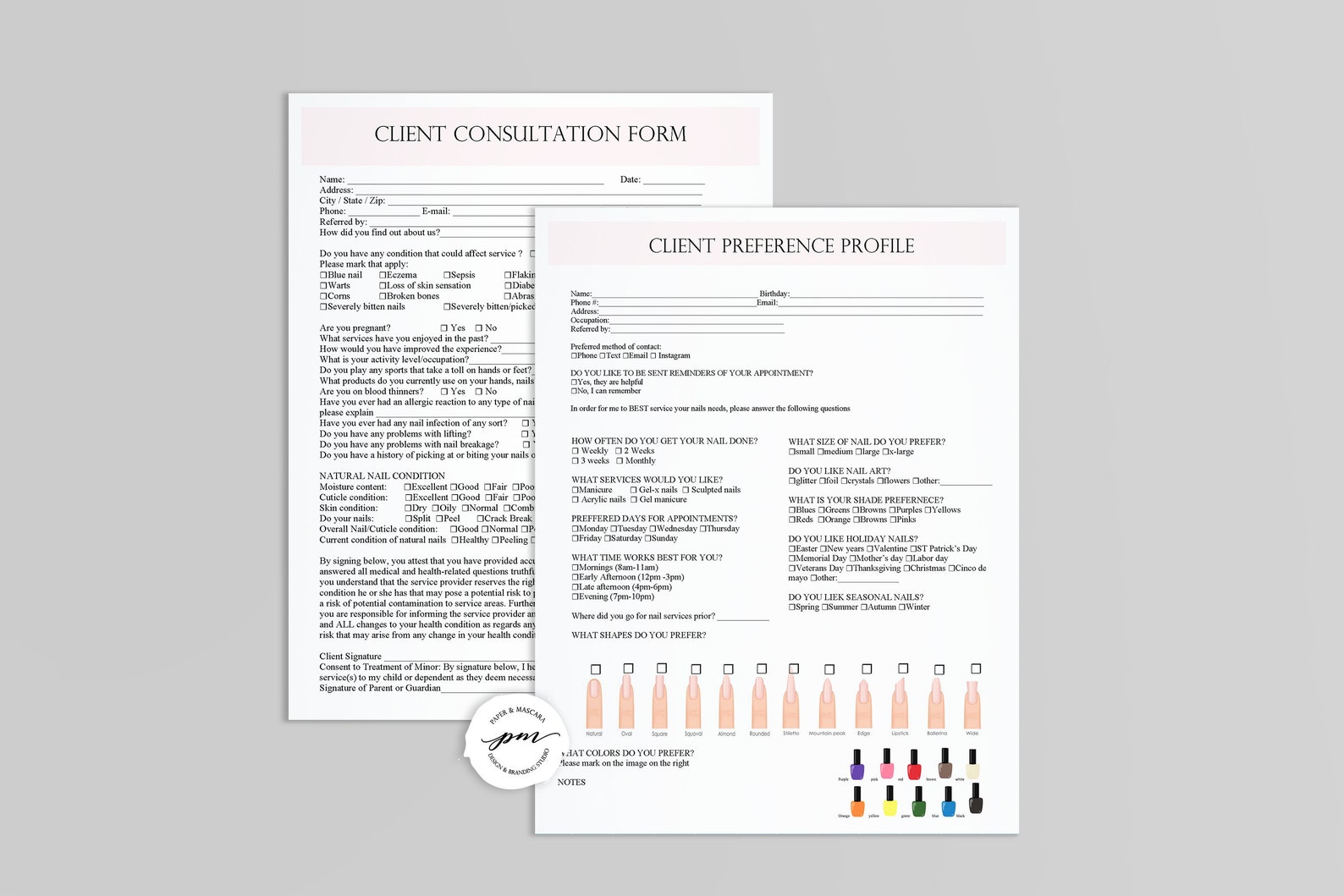 Nail Technician Client Forms, Nail Client Preference Profile, Pink Nail ...