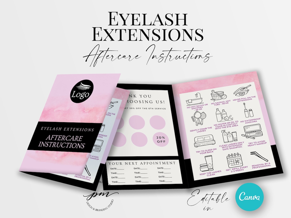 Editable Eyelash Extension Aftercare Card Black and Pink - Etsy