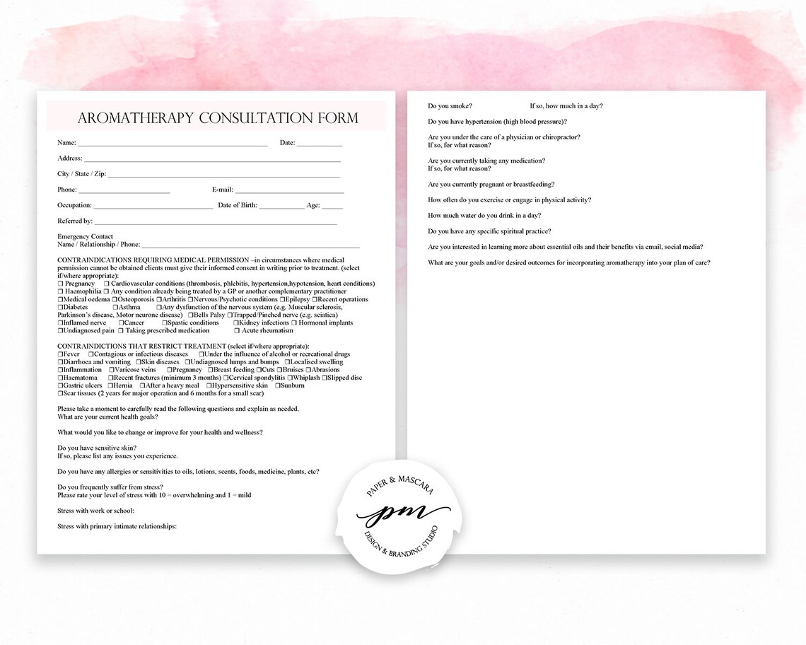 Aromatherapy Consent Form, Aromatherapy Client Consultation Form - Etsy UK