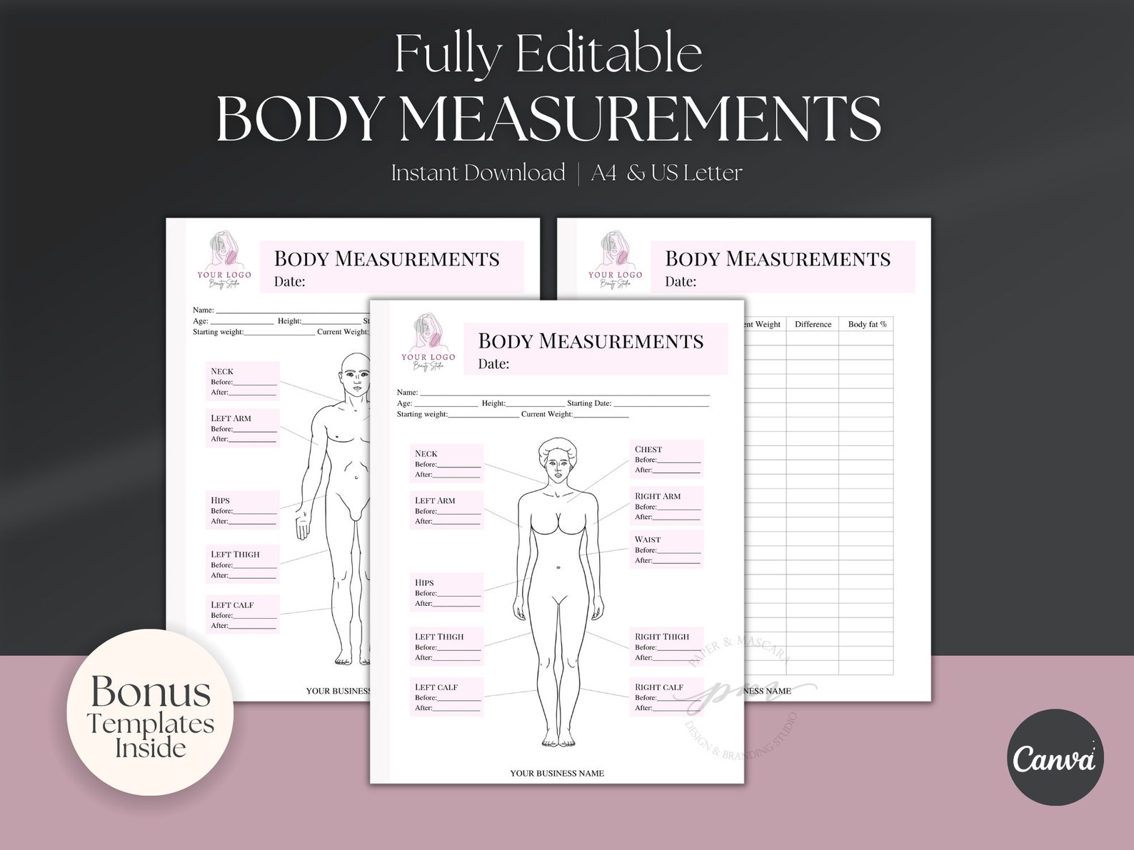 Editable Body Measurements Chart Template Body Contouring - Etsy
