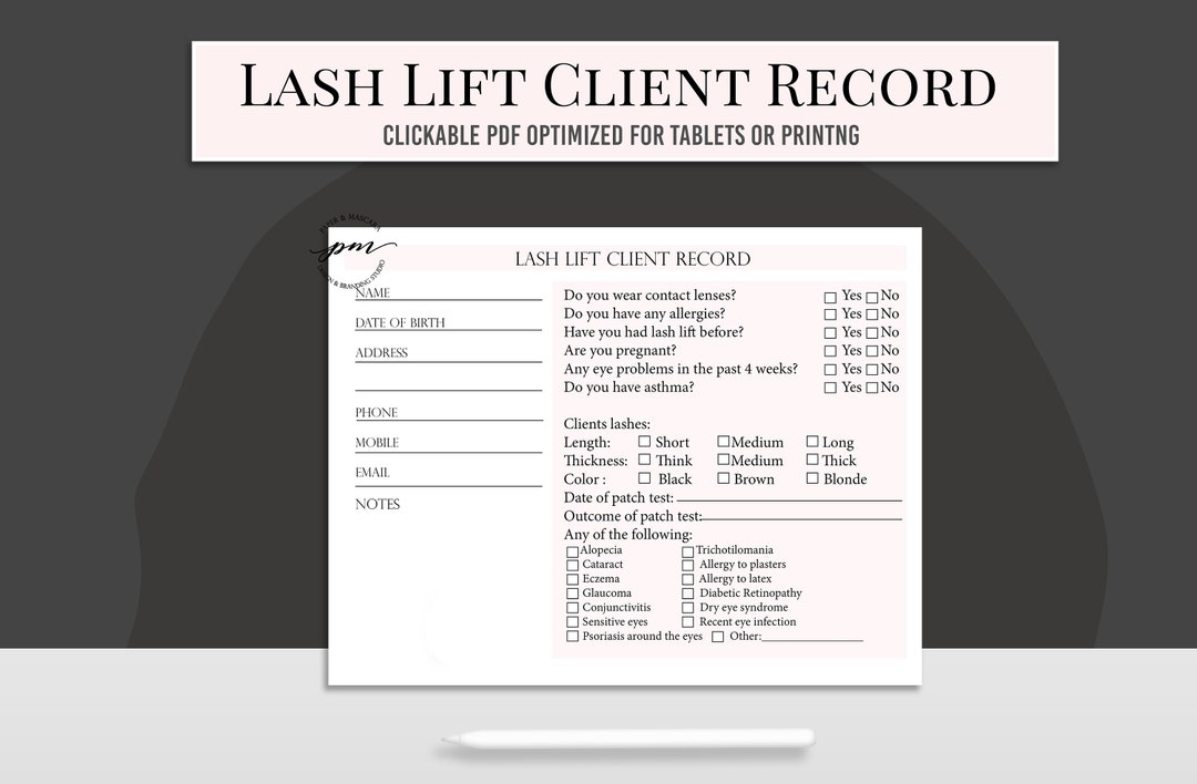 Lash Lift Client Record, Clickable Lash Lift Form, Lash Lift Services ...