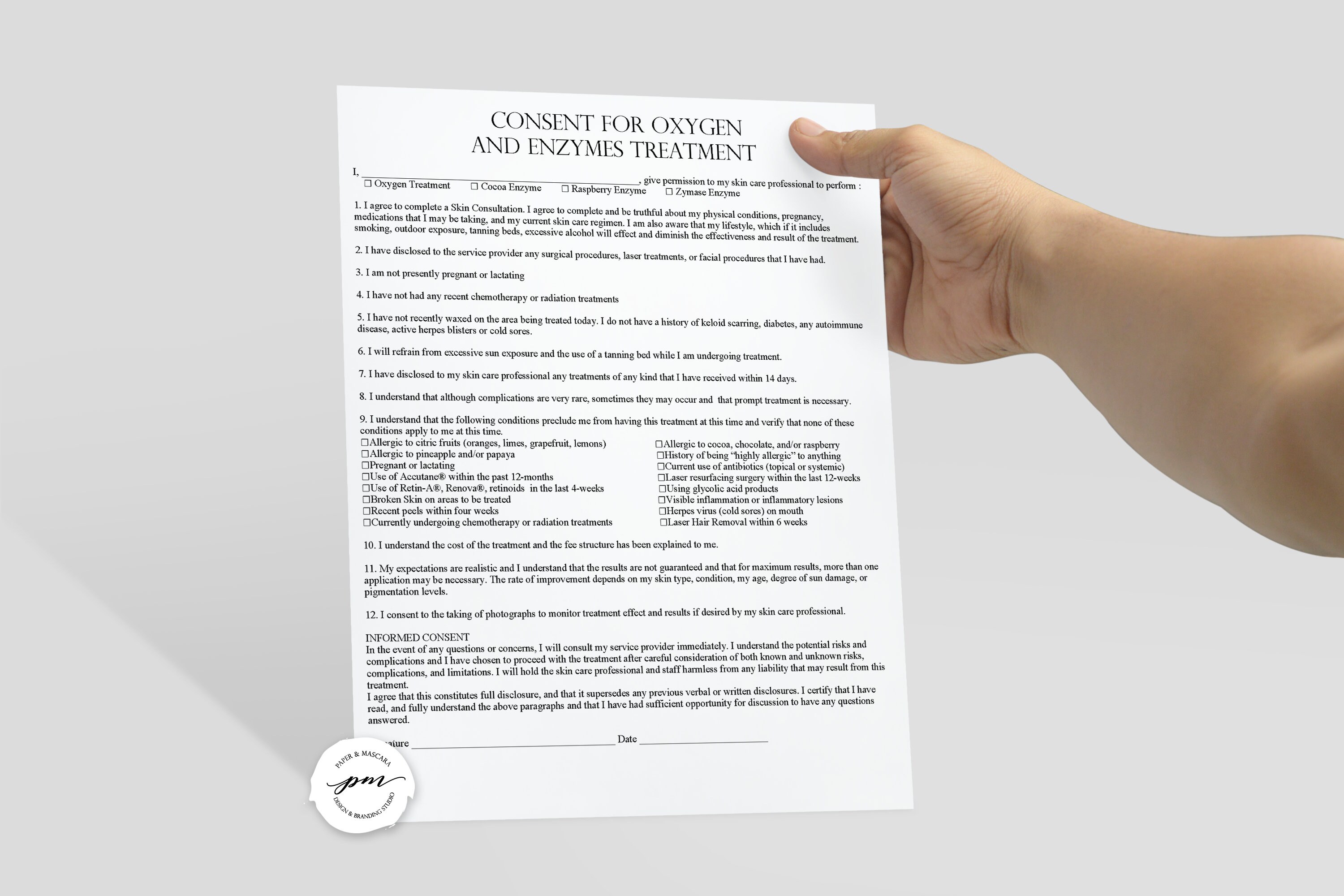 Oxygen and Enzyme Treatment Consent Form Template Facial - Etsy Canada