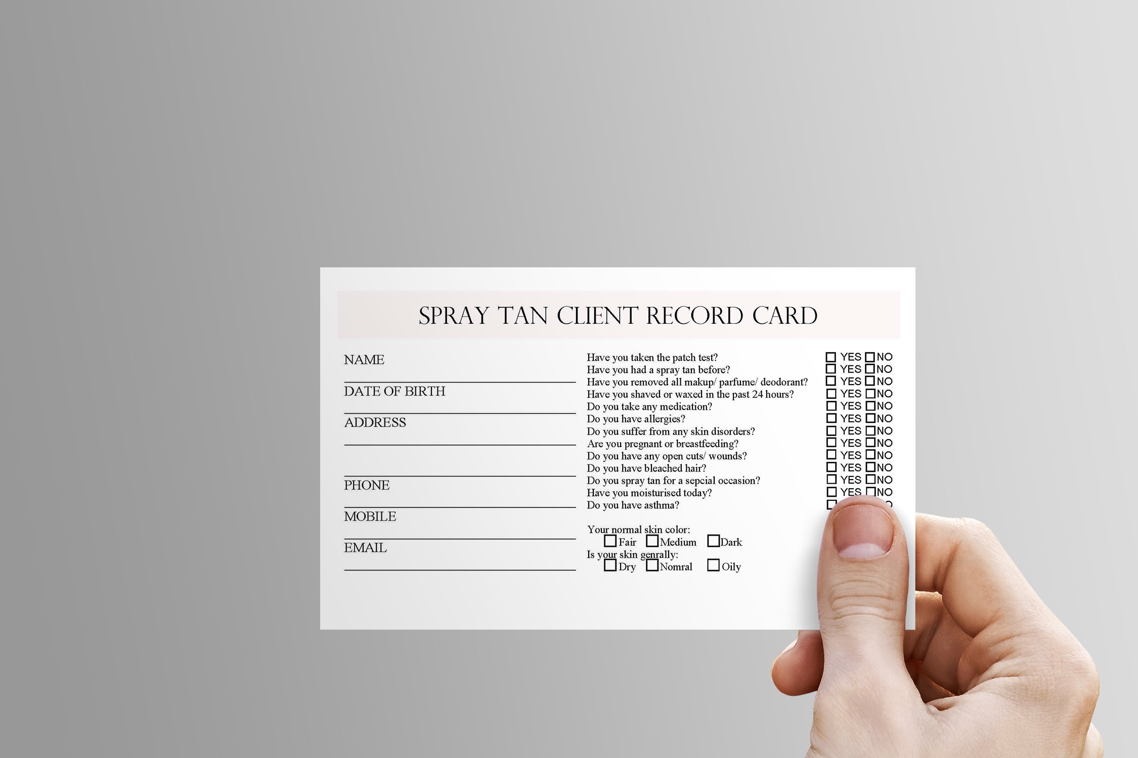 Editable Spray Tan Client Record Card Template, Customizable New Client ...