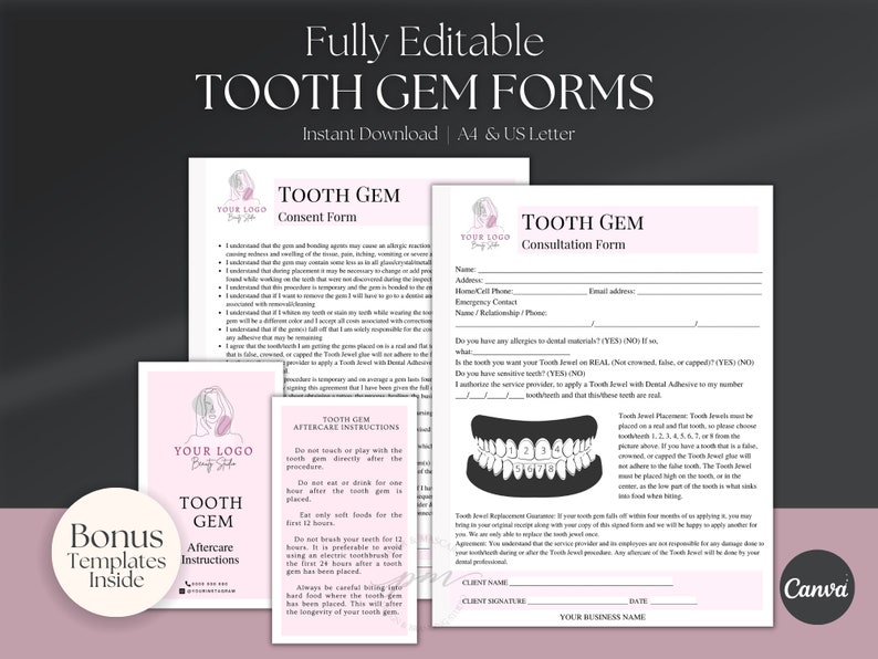 Editable Tooth Gem Consent Form, Tooth Gem Waiver and Intake Form ...