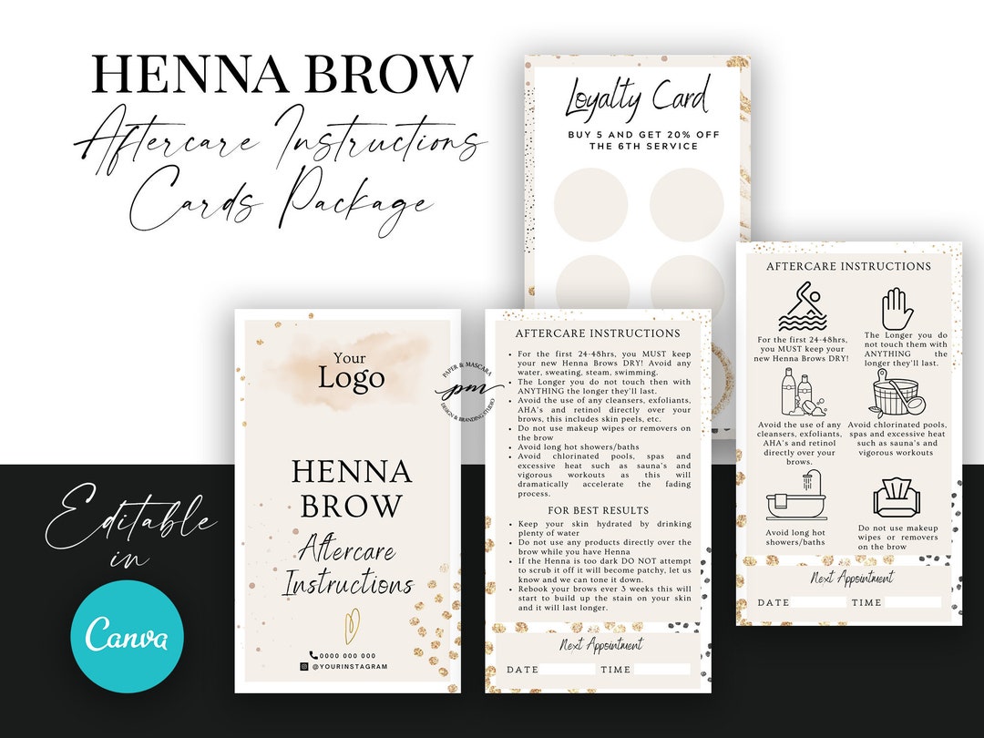 Editable Henna Brow Aftercare Card, Henna Brow Aftercare Information ...