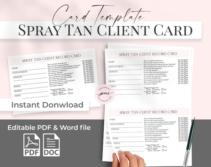Editable Spray Tan Client Record Card Template Customizable - Etsy