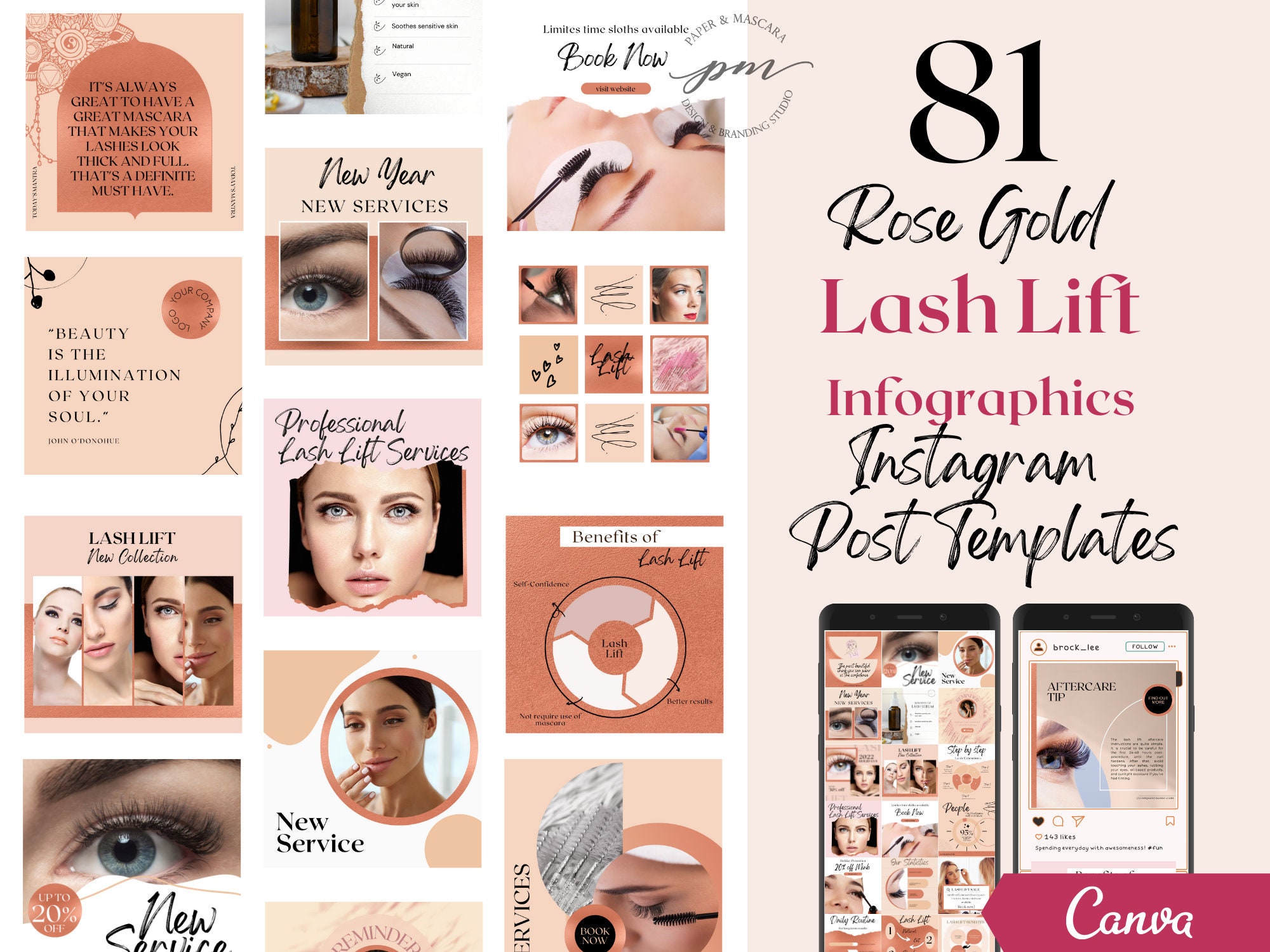 Editable Lash Lift & Brow Lamination Instagram Post Templates Pink/Nude ...