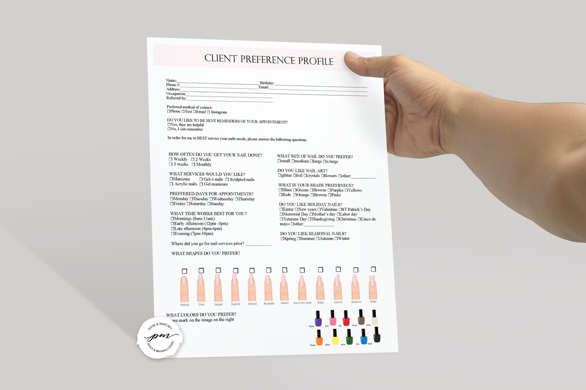 Nail Technician Client Forms, Nail Client Preference Profile, Pink Nail ...