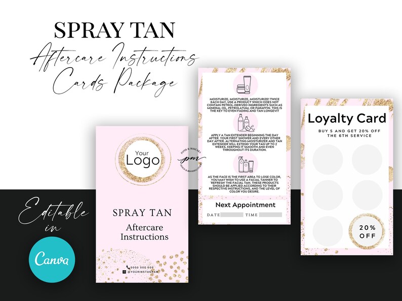 Editable Spray Tan Aftercare Card Spray Tan Loyalty Card | Etsy