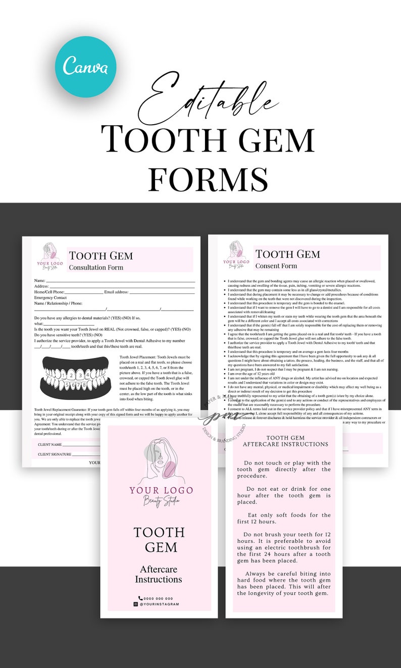 Editable Tooth Gem Consent Form, Tooth Gem Waiver and Intake Form ...