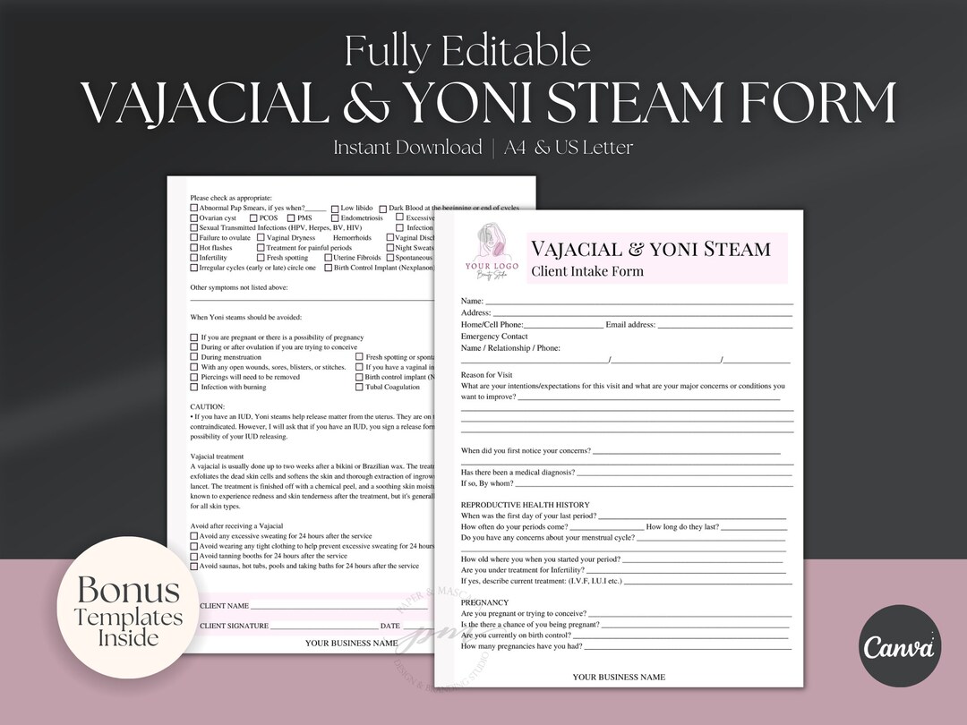 Editable Vajacial and Yoni Steam Form Template, Yoni Steam Bath Intake ...