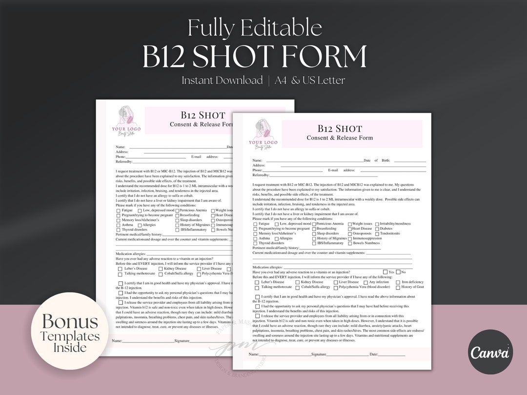 B12 Shot Consent Form Template, Editable Facial Fillers Consent Form ...