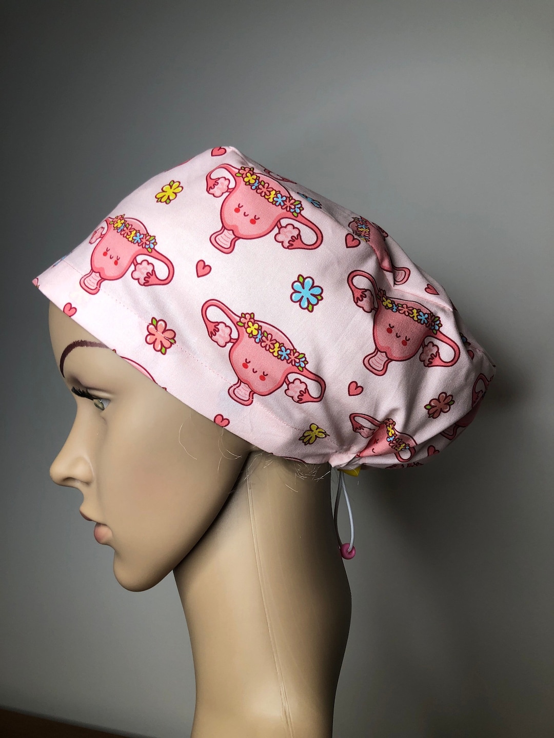 LINED Scrub Cap, Pink Uterus Daisy Chain Print With Toggle, Scrub Cap ...