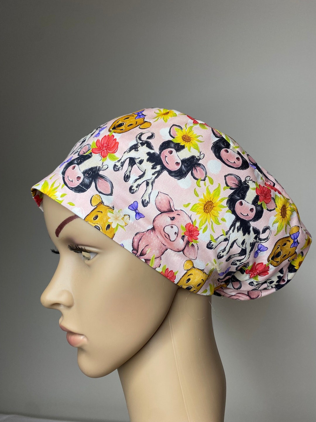 Scrub Cap - Pink Floral Farm Animals (cow, Pig, Dog) - Scrub Hats ...